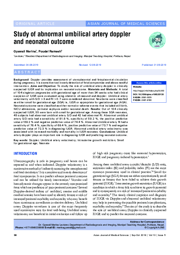 (PDF) Study of abnormal umbilical artery doppler and neonatal outcome