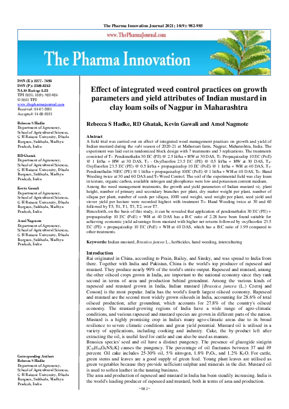 Pdf Effect Of Integrated Weed Control Practices On Growth Parameters And Yield Attributes Of