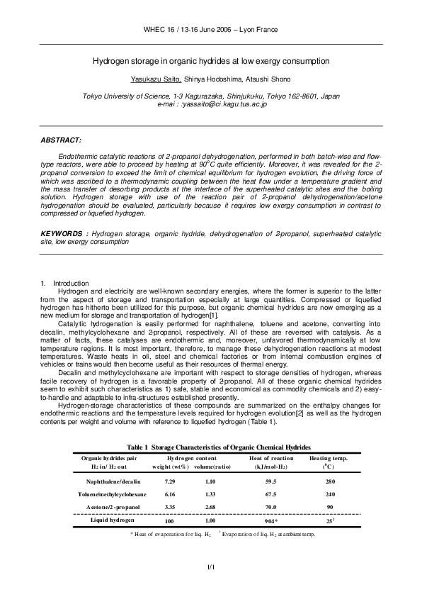 (PDF) Hydrogen storage in organic hydrides at low exergy consumption