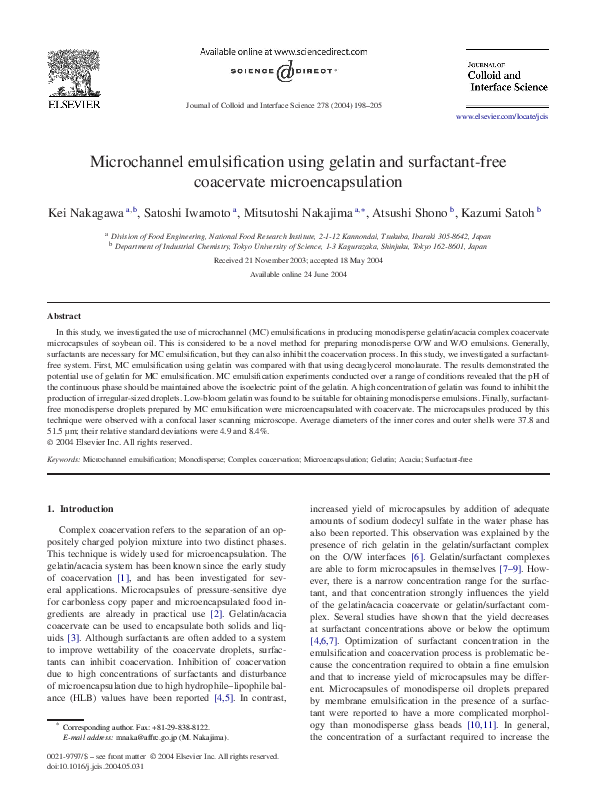 (PDF) Microchannel emulsification using gelatin and surfactant-free coacervate microencapsulation