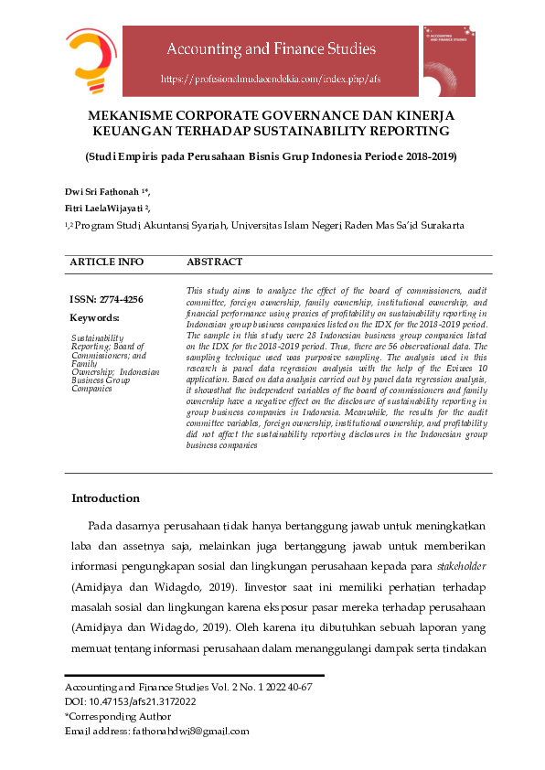 (PDF) Mekanisme Corporate Governance Dan Kinerja Keuangan Terhadap ...