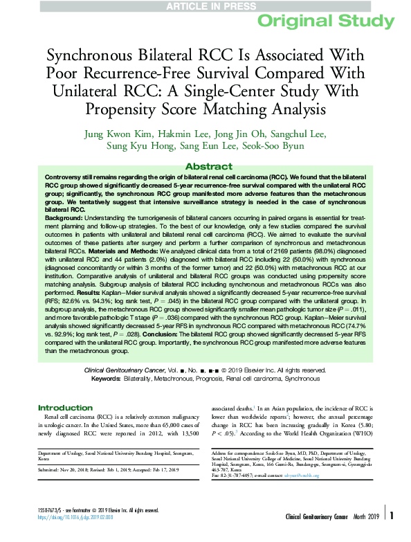 (PDF) Synchronous Bilateral RCC Is Associated With Poor Recurrence-Free ...