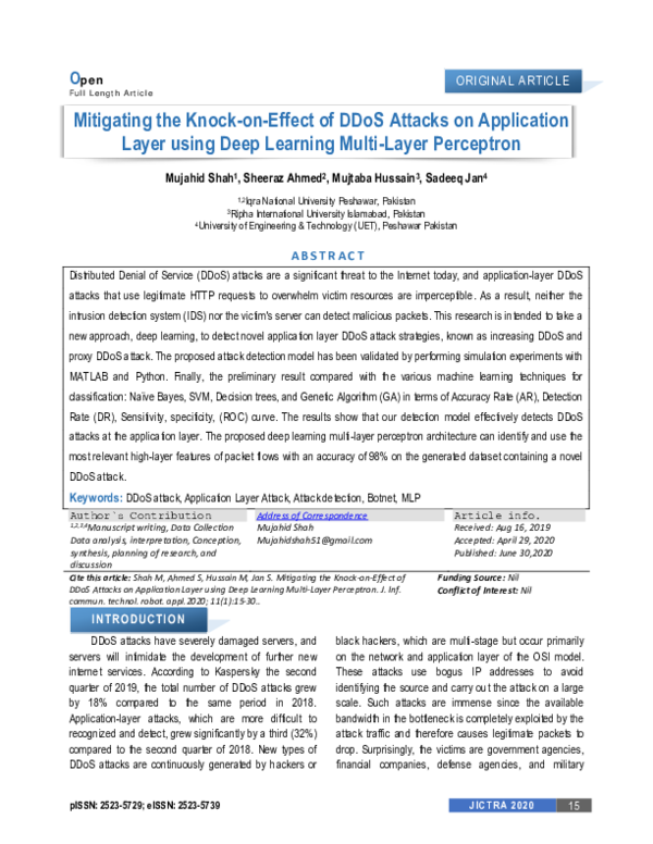 Pdf Mitigating The Knock On Effect Of Ddos Attacks On Application Layer Using Deep Learning