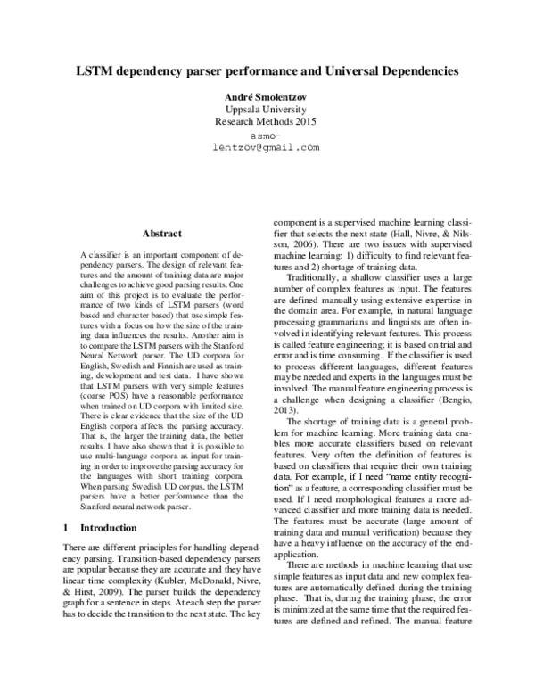 Pdf Lstm Dependency Parser Performance And Universal Dependencies