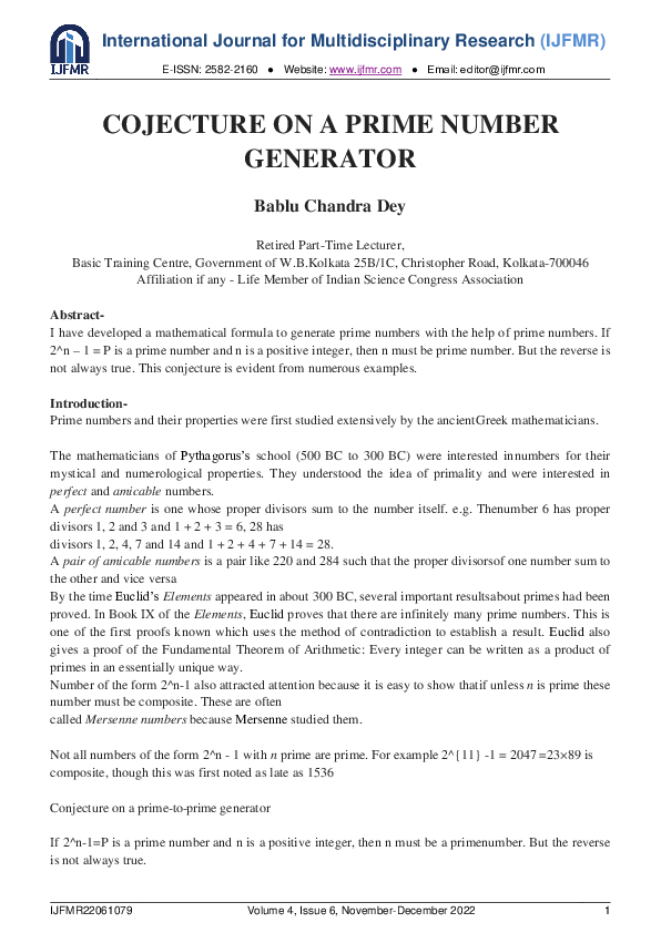 (PDF) Conjecture on a Prime Number Generator | Bablu Dey - Academia.edu