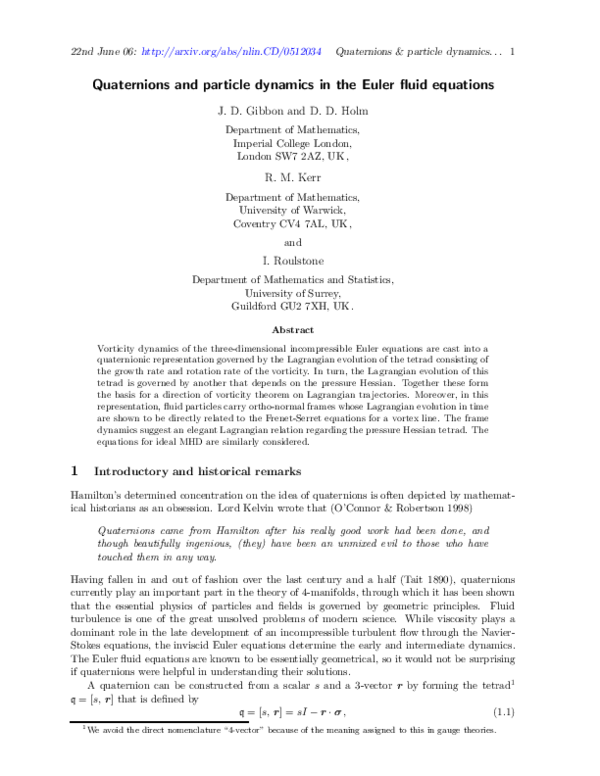 (PDF) Quaternions and particle dynamics in the Euler fluid equations | Robert Kerr - Academia.edu