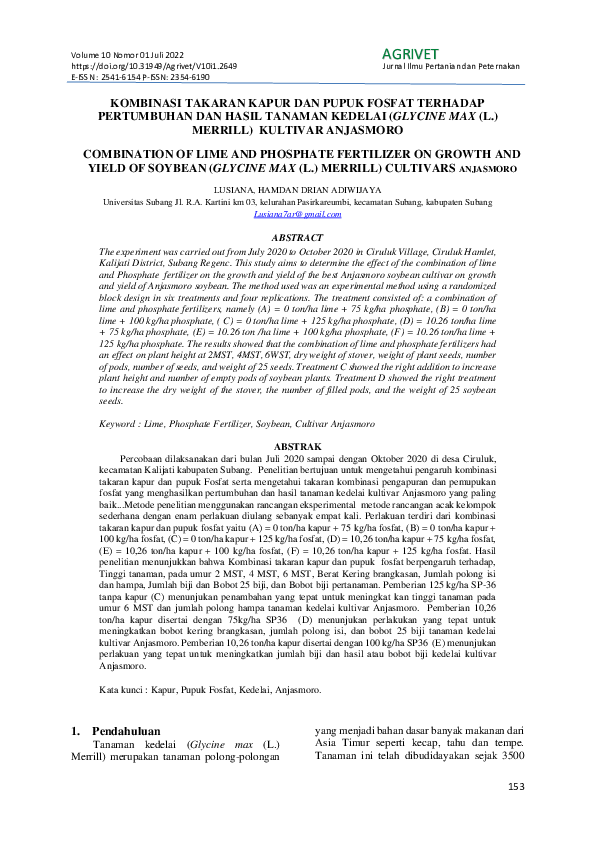 (PDF) Kombinasi Takaran Kapur Dan Pupuk Fosfat Terhadap Pertumbuhan Dan Hasil Tanaman Kedelai ...