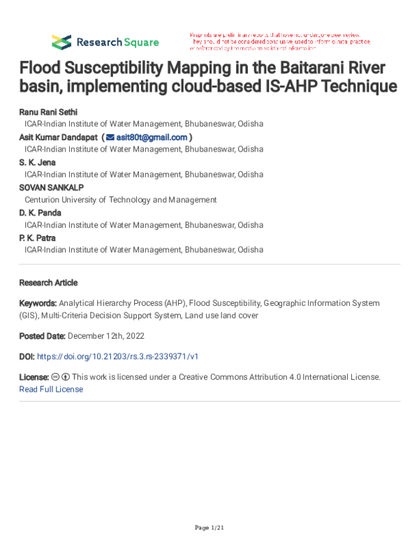 (PDF) Flood Susceptibility Mapping in the Baitarani River basin, implementing cloud-based IS-AHP ...
