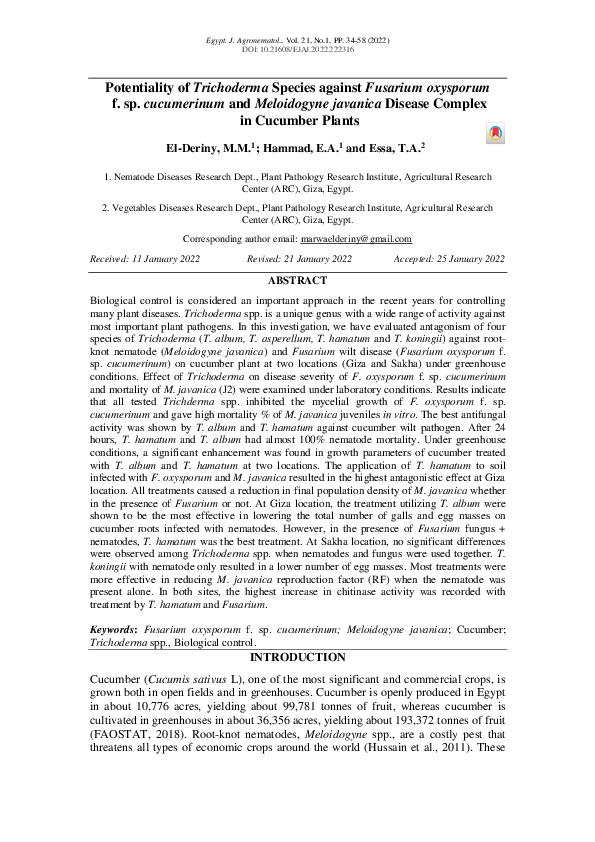 (PDF) Potentiality of Trichoderma Species against Fusarium oxysporum f. sp. cucumerinum and ...
