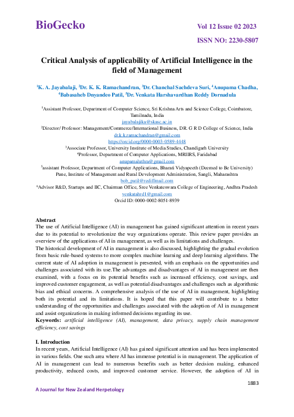(PDF) Critical Analysis of applicability of Artificial