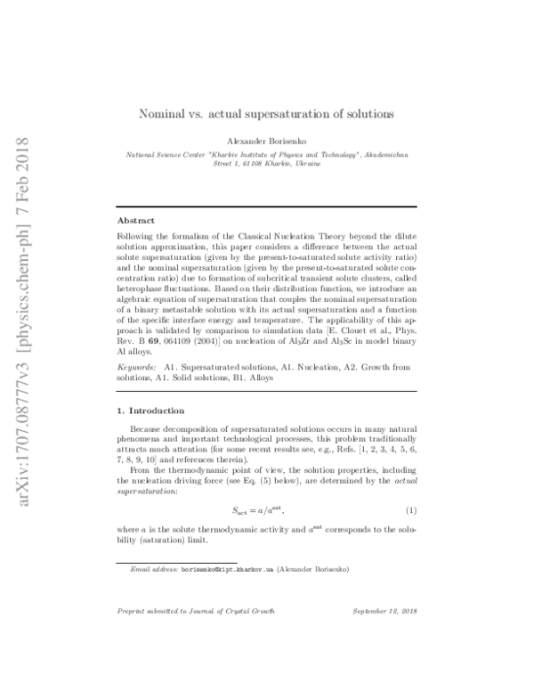 (PDF) Nominal vs. actual supersaturation of solutions