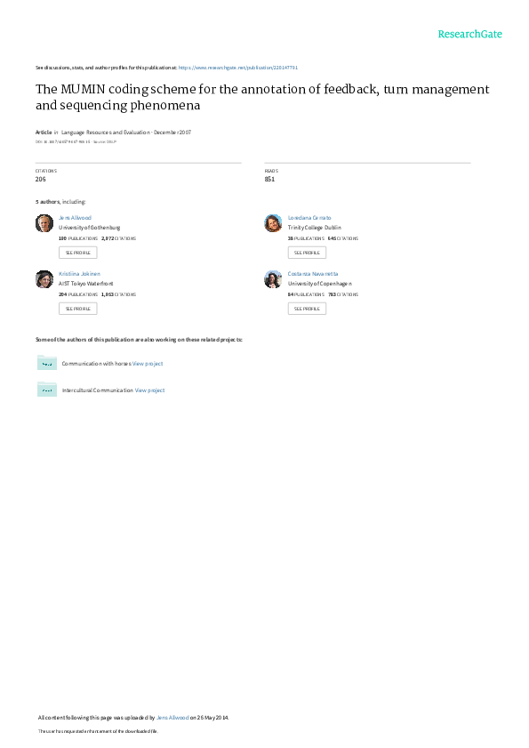 (PDF) The MUMIN coding scheme for the annotation of feedback, turn management and sequencing ...