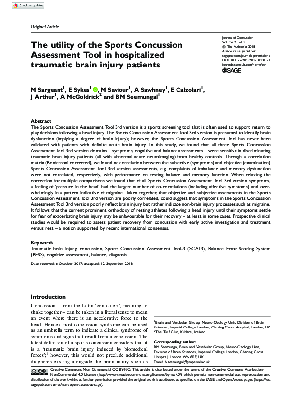 (PDF) The utility of the Sports Concussion Assessment Tool in ...