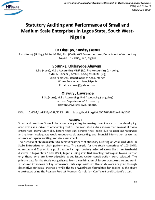 (PDF) Statutory Auditing and Performance of Small and Medium Scale Enterprises in Lagos State ...