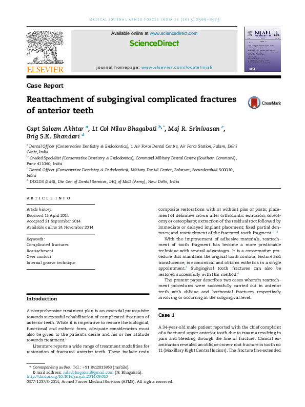 (PDF) Reattachment of subgingival complicated fractures of anterior teeth