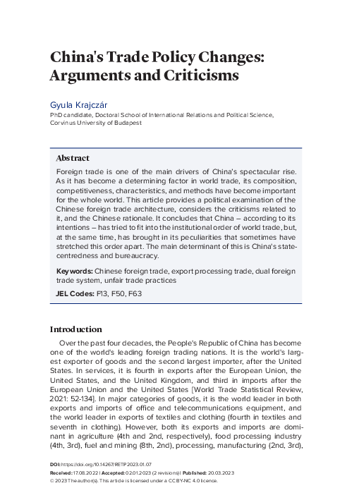 (PDF) China's Trade Policy Changes: Arguments and Criticisms