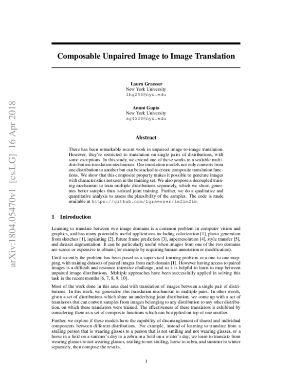 (PDF) Composable Unpaired Image to Image Translation