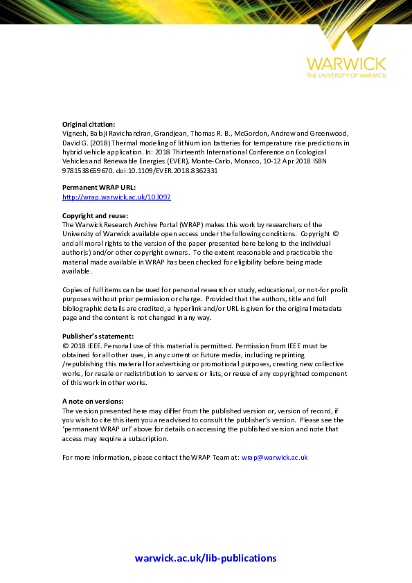 Pdf Thermal Modeling Of Lithium Ion Batteries For Temperature Rise Predictions In Hybrid