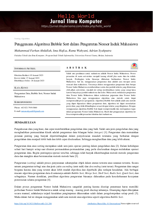 (PDF) Penggunaan Algoritma Bubble Sort dalam Pengurutan Nomor Induk Mahasiswa