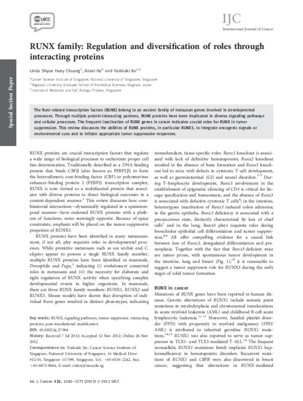 (PDF) RUNX family: Regulation and diversification of roles through ...