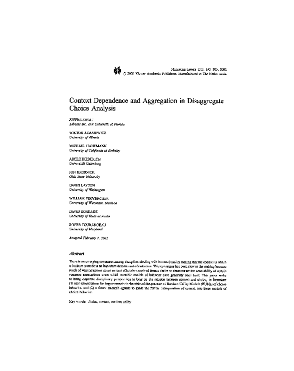 (PDF) Context Dependence and Aggregation in Disaggregate Choice Analysis