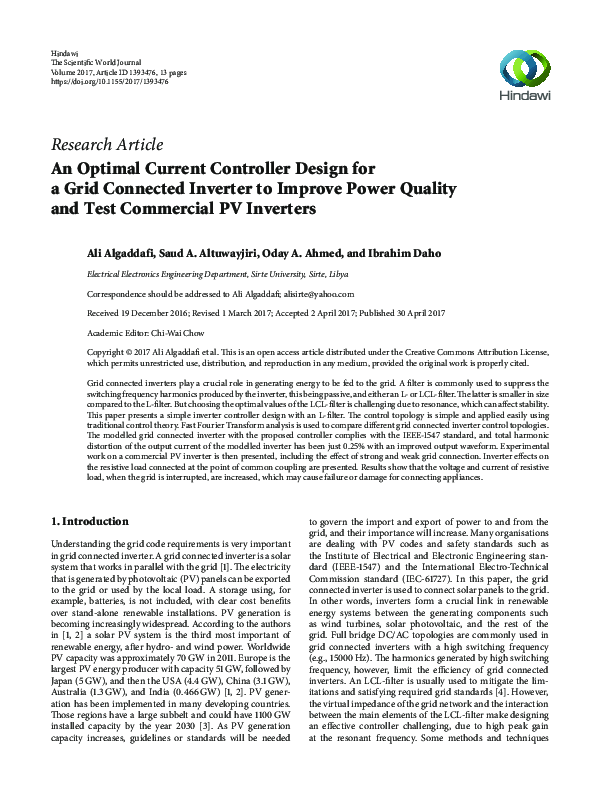 (PDF) An Optimal Current Controller Design for a Grid Connected ...