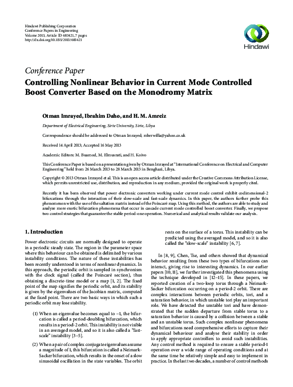 Pdf Controlling Nonlinear Behavior In Current Mode Controlled Boost Converter Based On The