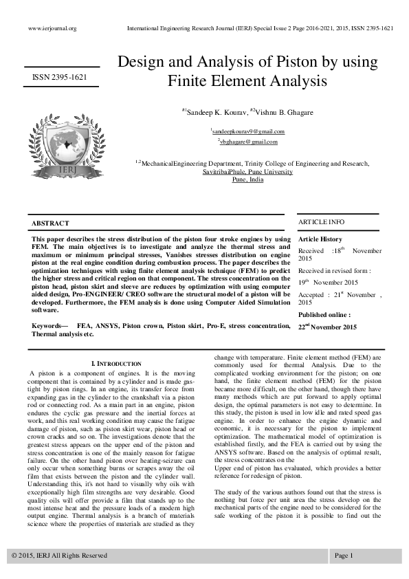 (PDF) Design and Analysis of Piston by using Finite Element Analysis