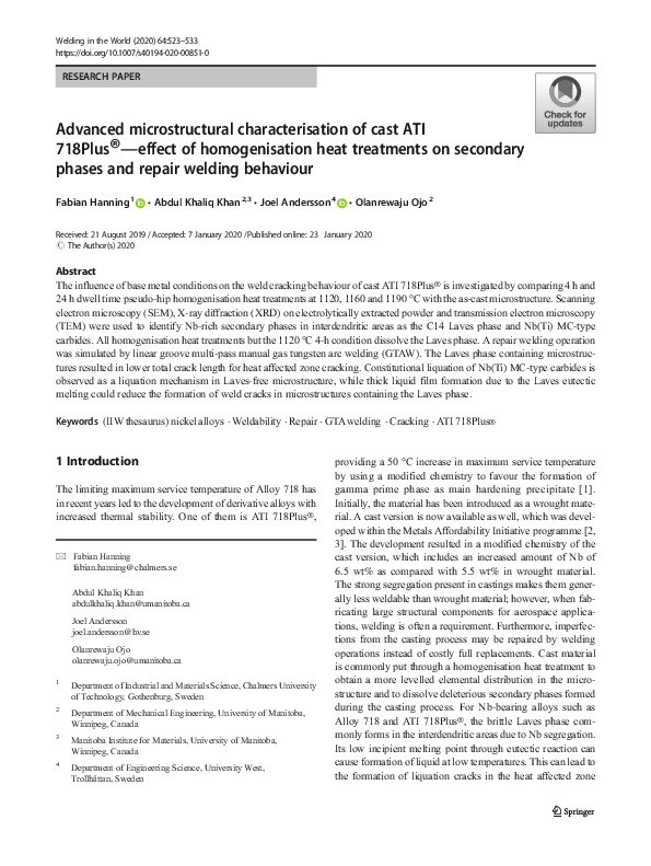 (PDF) Advanced microstructural characterisation of cast ATI 718Plus®—effect of homogenisation ...