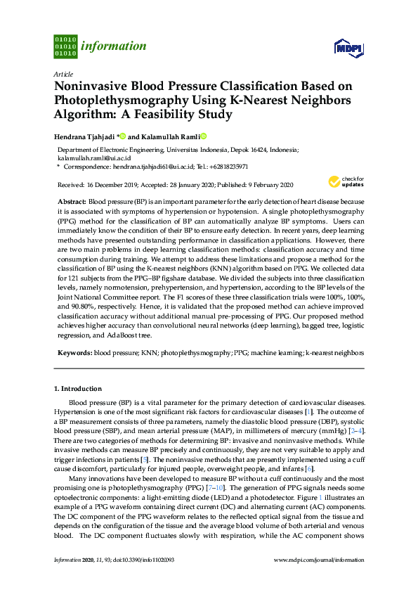 (PDF) Noninvasive Blood Pressure Classification Based on Photoplethysmography Using K-Nearest ...