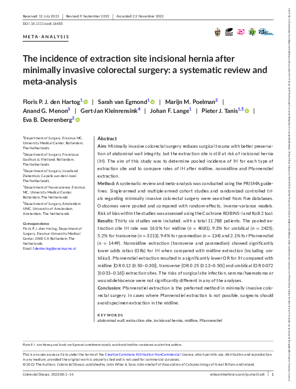 (PDF) The incidence of extraction site incisional hernia after minimally invasive colorectal ...