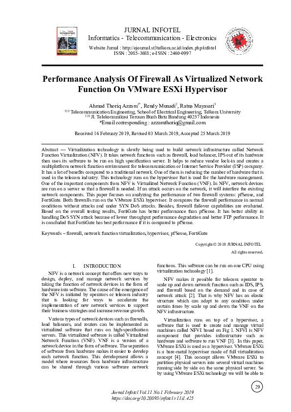 Pdf Performance Analysis Of Firewall As Virtualized Network Function On Vmware Esxi Hypervisor