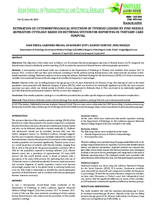 (PDF) ESTIMATION OF CYTOMORPHOLOGICAL SPECTRUM OF THYROID LESIONS BY ...