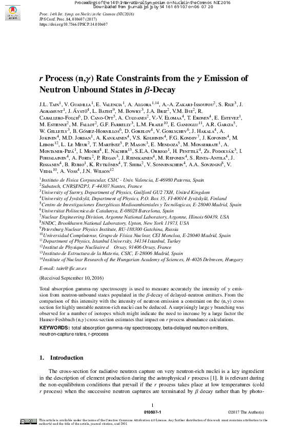 (PDF) r Process (n, \(\gamma \)) Rate Constraints from the \(\gamma \) Emission of Neutron ...