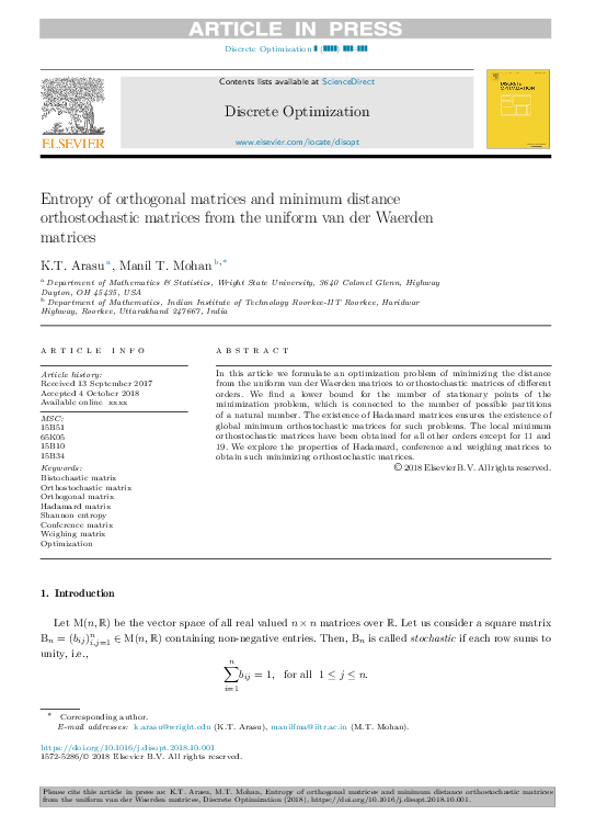 (PDF) Entropy of orthogonal matrices and minimum distance orthostochastic matrices from the ...