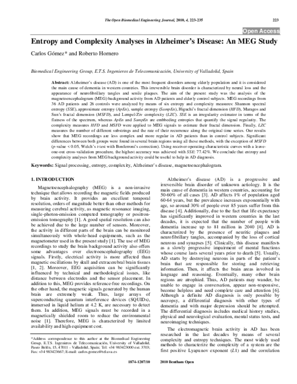 (PDF) Entropy and complexity analyses in alzheimer's disease: An MEG study