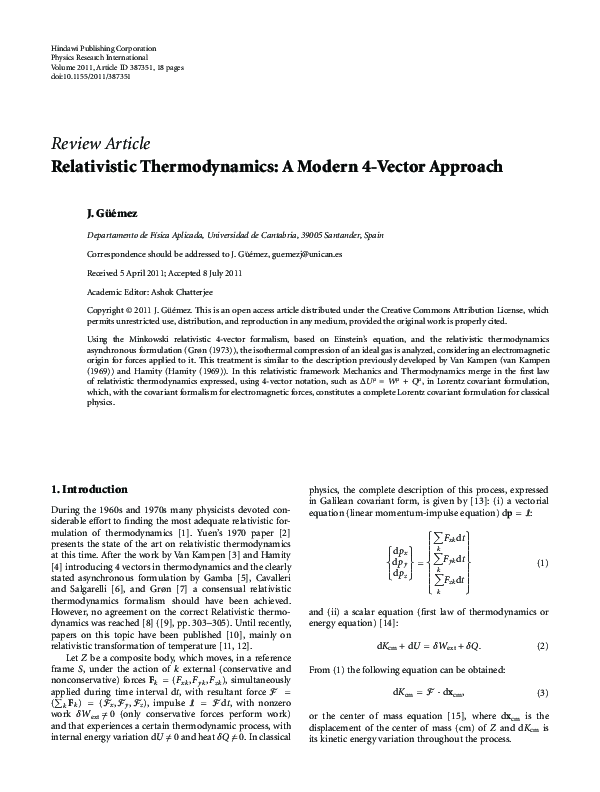 (PDF) Relativistic Thermodynamics: A Modern 4-Vector Approach