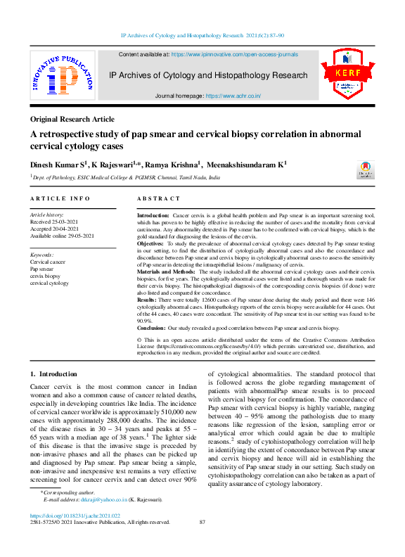 (PDF) A retrospective study of pap smear and cervical biopsy correlation in abnormal cervical ...