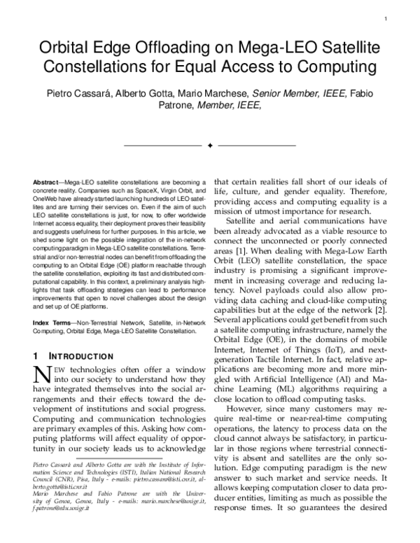 (PDF) Orbital Edge Offloading on Mega-LEO Satellite Constellations for Equal Access to Computing