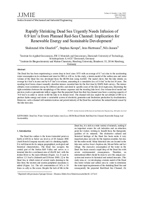 (PDF) Rapidly shrinking Dead Sea urgently needs infusion of 0,9 km3/a ...