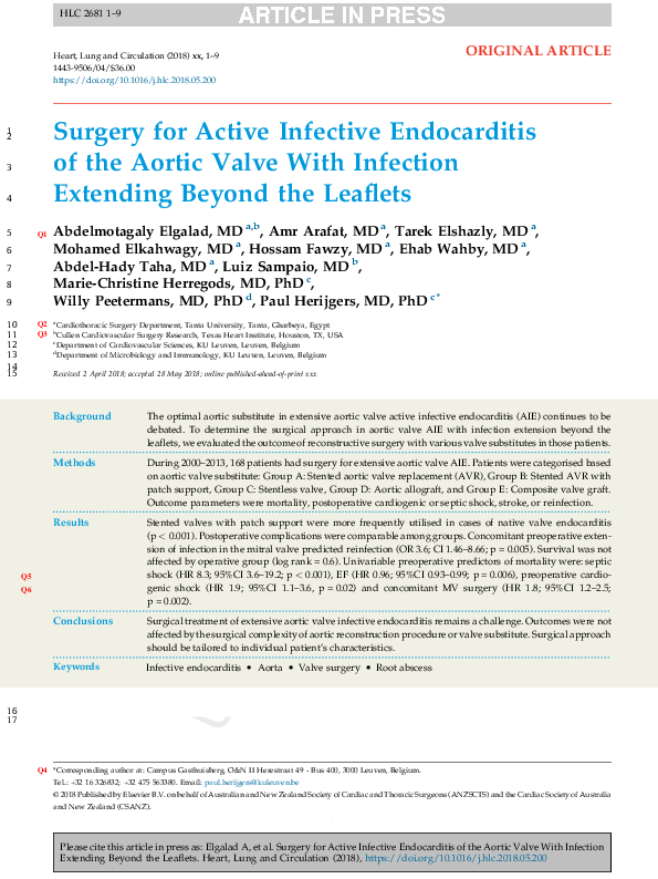 (PDF) Surgery for Active Infective Endocarditis of the Aortic Valve With Infection Extending ...