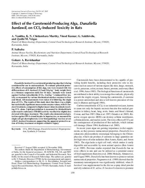 (PDF) Effect of the Carotenoid-Producing Alga,Dunaliella bardawil, on CCl4-Induced Toxicity in Rats