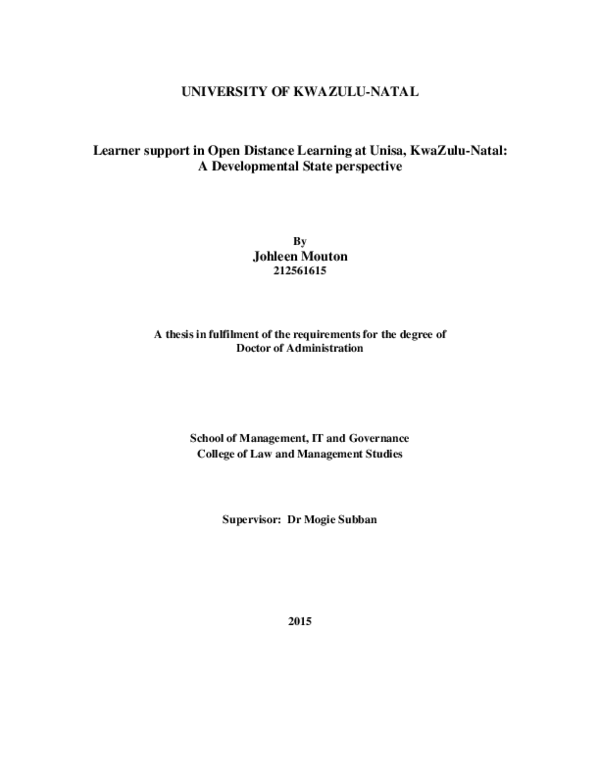 (PDF) Learner support in open distance learning at Unisa, KwaZulu-Natal ...