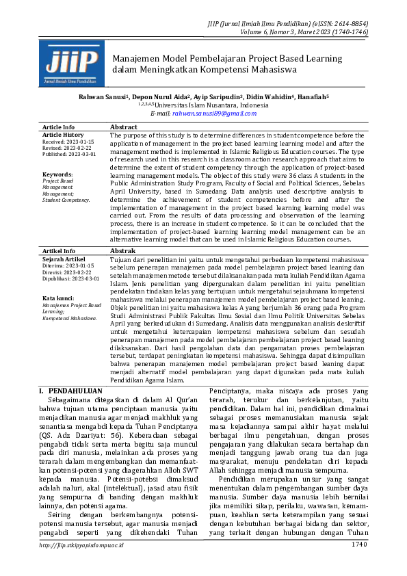 (PDF) Manajemen Model Pembelajaran Project Based Learning dalam Meningkatkan Kompetensi Mahasiswa