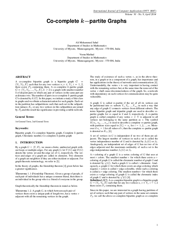 (PDF) Co-complete k-Partite Graphs