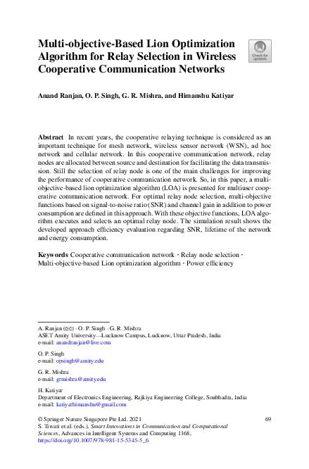 Pdf Multi Objective Based Lion Optimization Algorithm For Relay