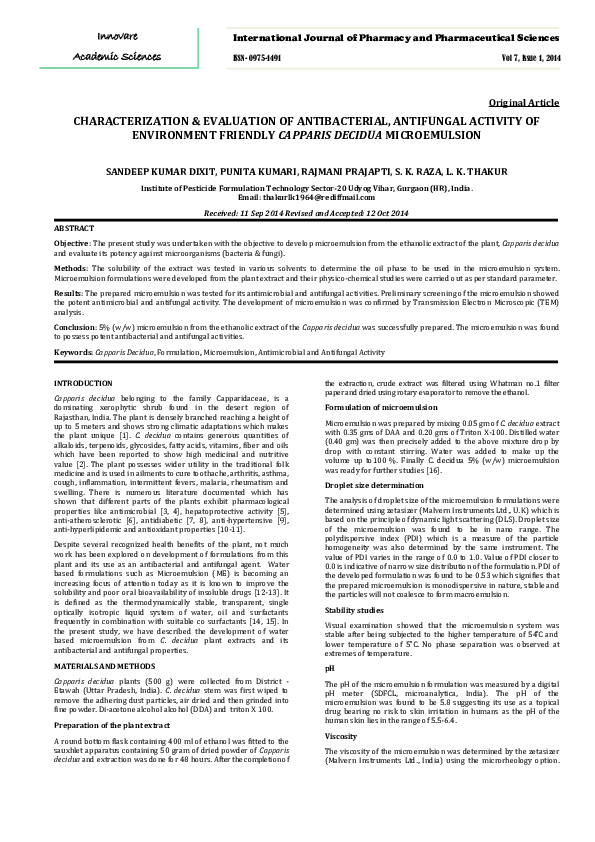 Pdf Antimicrobial And Antifungal Microemulsion From Capparis Decidua