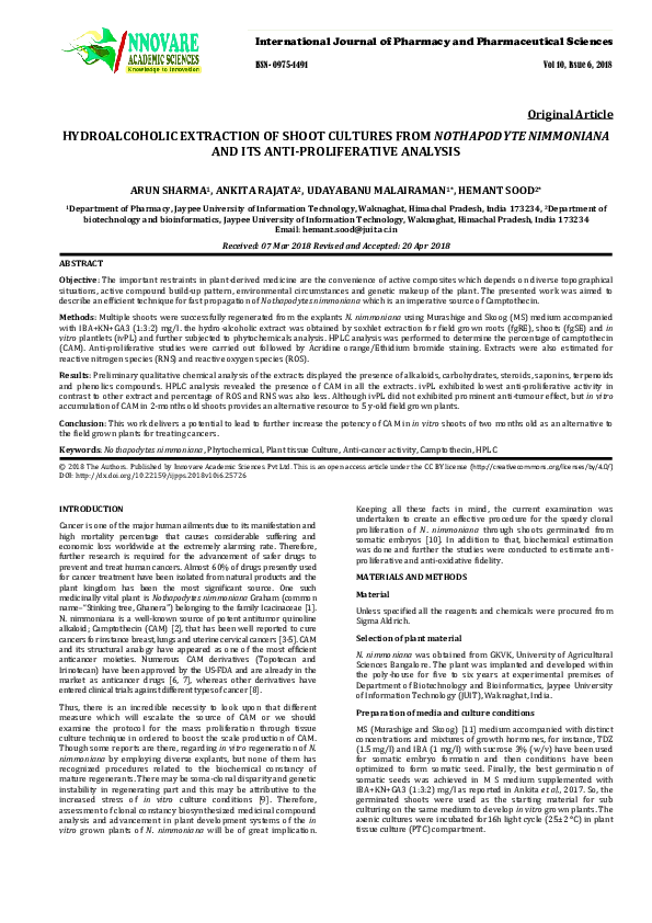 (PDF) Hydroalcoholic Extraction of Shoot Cultures from Nothapodyte ...