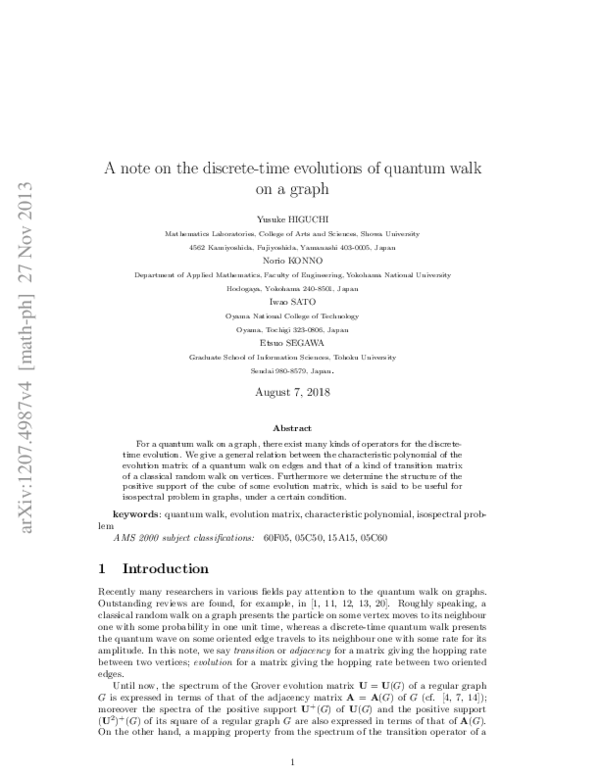 (PDF) A note on the discrete-time evolutions of quantum walk on a graph