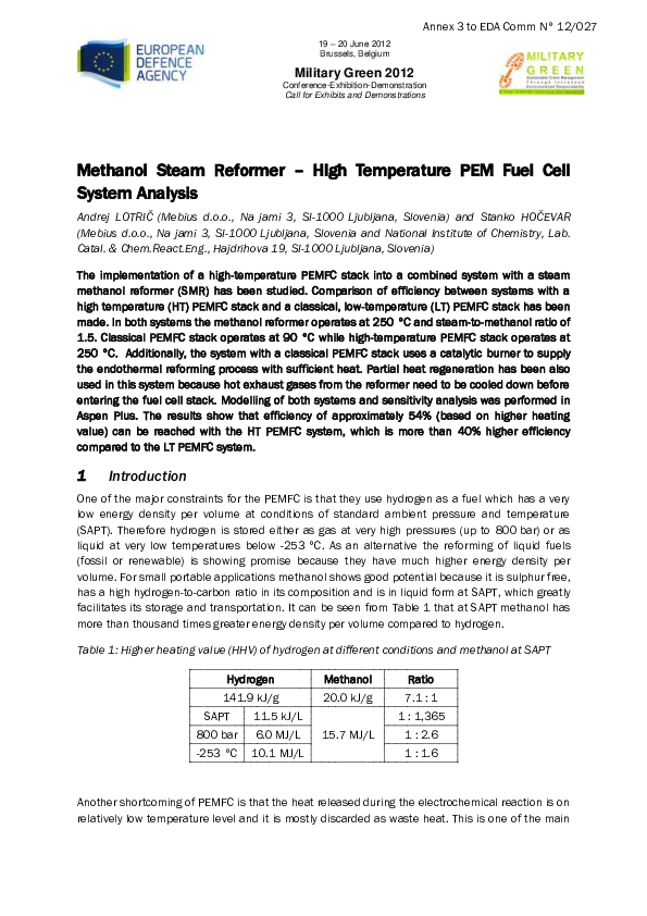 (PDF) Methanol steam reformer - high temperature PEM fuel cell system analysis